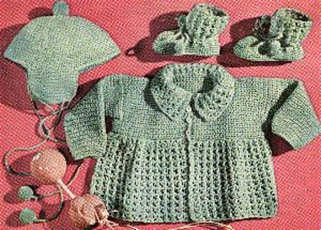 Ravelry: Sacque, Cap and Booties pattern by Coats & Clark