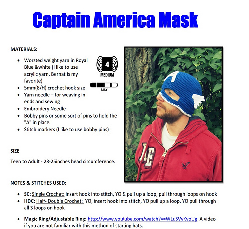 Ravelry: Captain America Mask pattern by Meg Pfeifer-Brandt