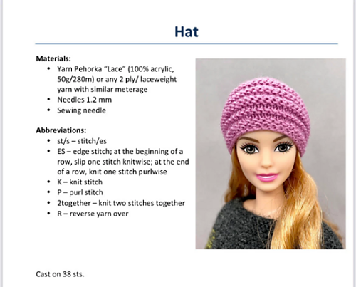Ravelry: Hat for a Barbie doll. pattern by Oksana Golopolosova