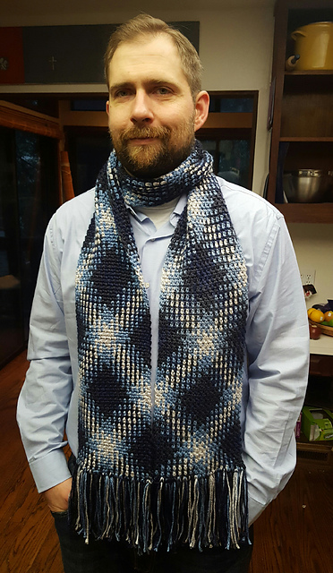 Ravelry: RockinLola's blue camo planned pooling scarf