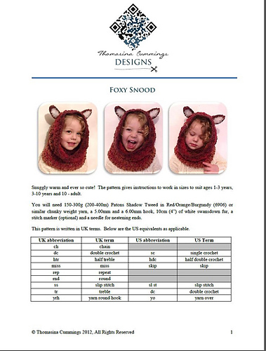 Ravelry: Foxy Fox Snood Hood with Ears pattern by Thomasina Cummings ...