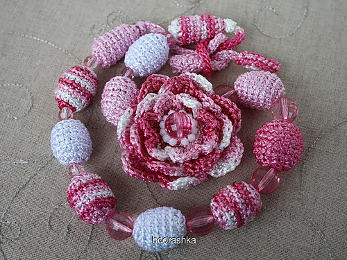 Ravelry: Crochet beads necklace with flower + knitted cords pattern by ...