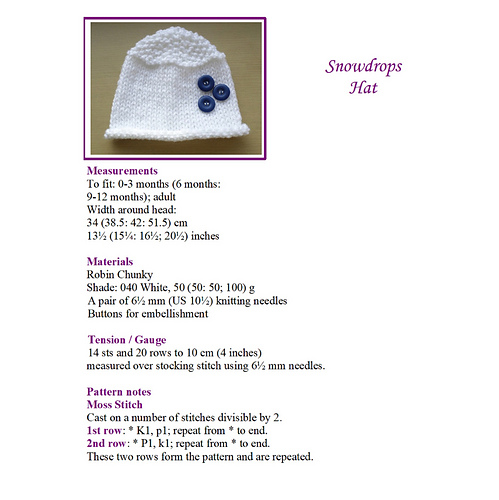 Ravelry: Snowdrops Hat pattern by Esther Kate