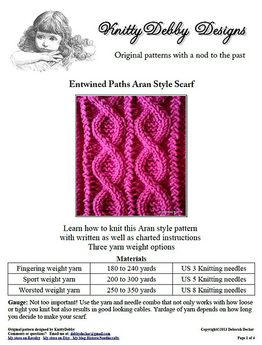 Ravelry: Entwined Paths Aran scarf pattern by Debby Decker